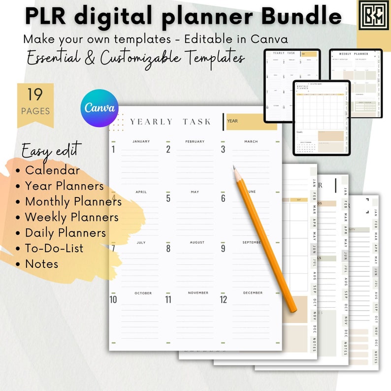 Editable PLR Digital Planner Bundle - Resell Rights, Calendar, Yearly ...