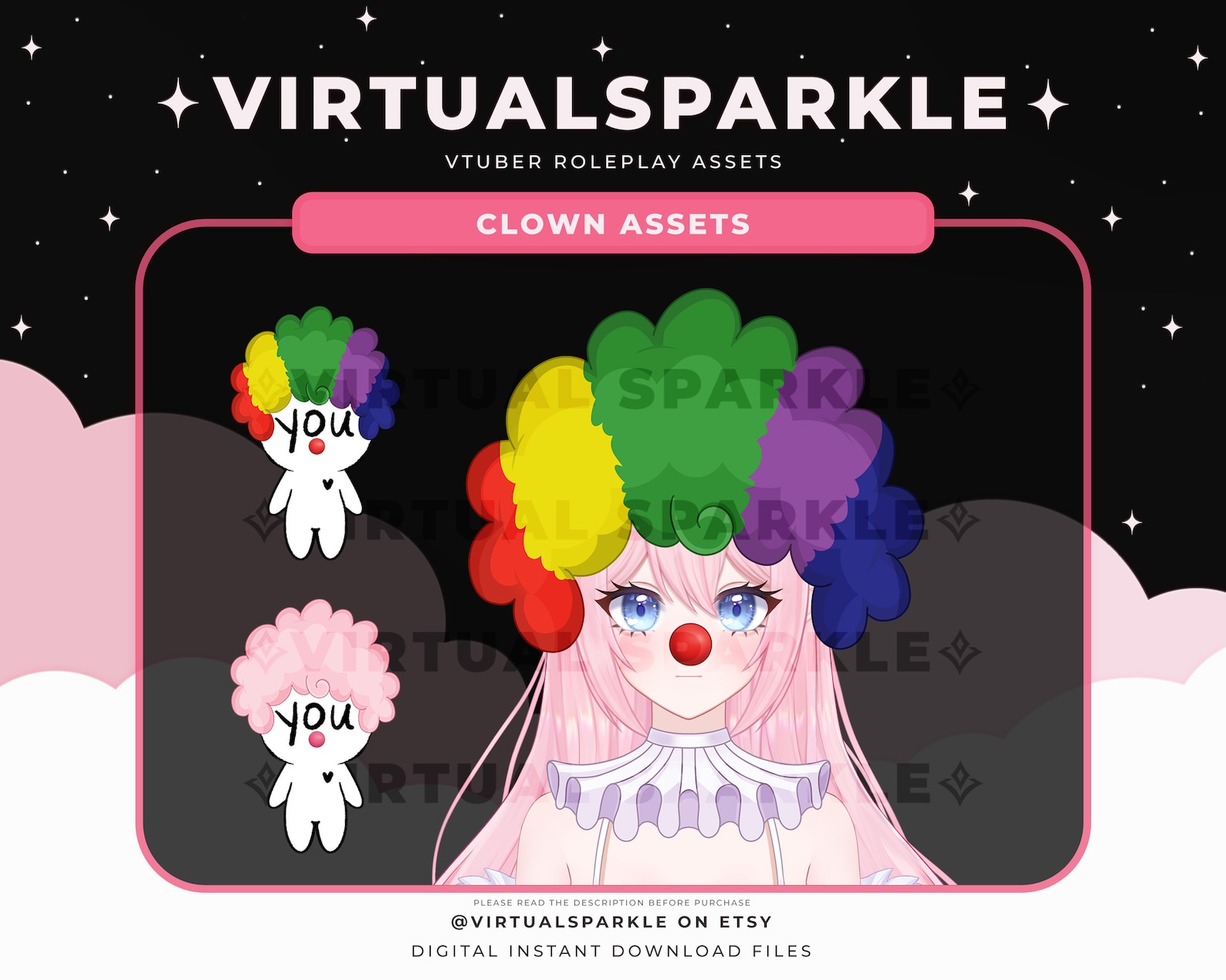 Vtuber Clown Wig, Nose & Collar PNG Asset: Funny Streaming Costume ...