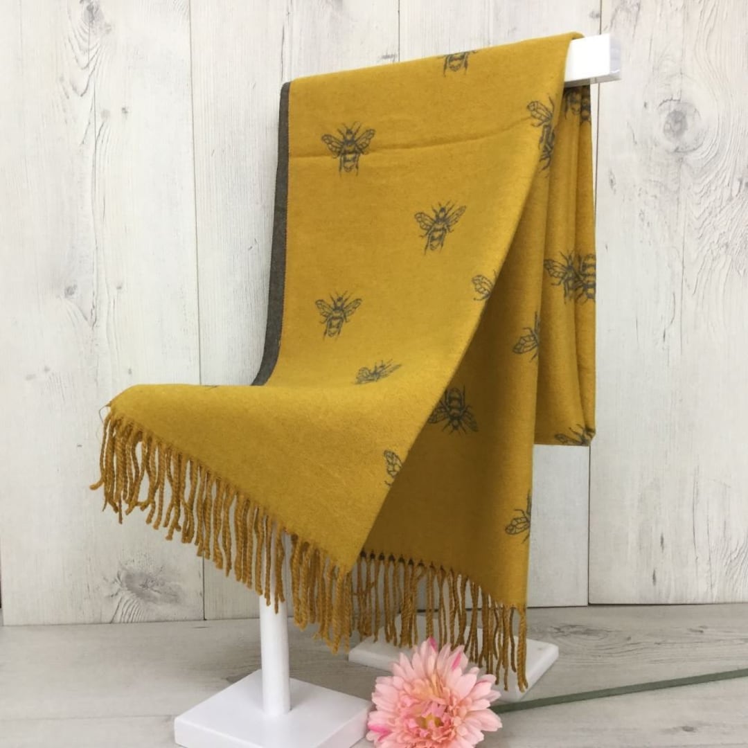 Double Sided Bee Print Cashmere Scarf, Honey Bee Scarf, Long Bumble Bee ...