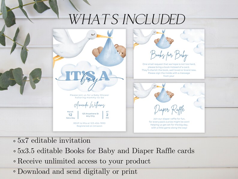 It's a Boy Baby Shower Invitation - Stork Theme - Blue Baby Shower ...