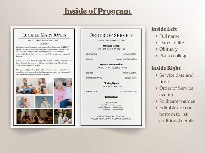 Funeral Service Program Template, Celebration of Life, Order of Service ...