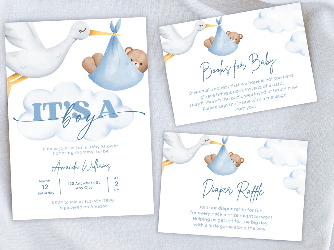 It's a Boy Baby Shower Invitation - Stork Theme - Blue Baby Shower ...