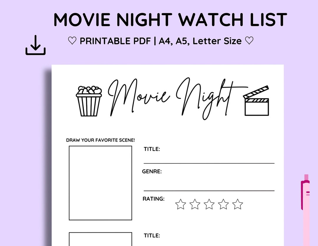 Movie Night Watch List - Printable PDF - Movie Tracker - Movie Watch ...