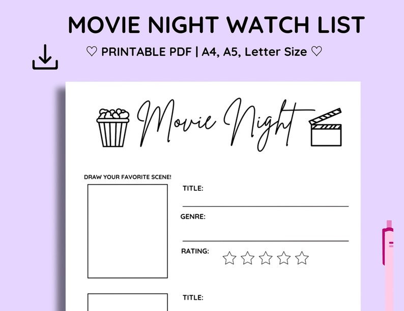 Movie Night Watch List - Printable PDF - Movie Tracker - Movie Watch ...