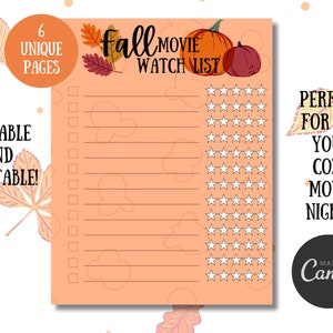 Printable | Editable | Fall Halloween Movie Watch List | Movie Night ...