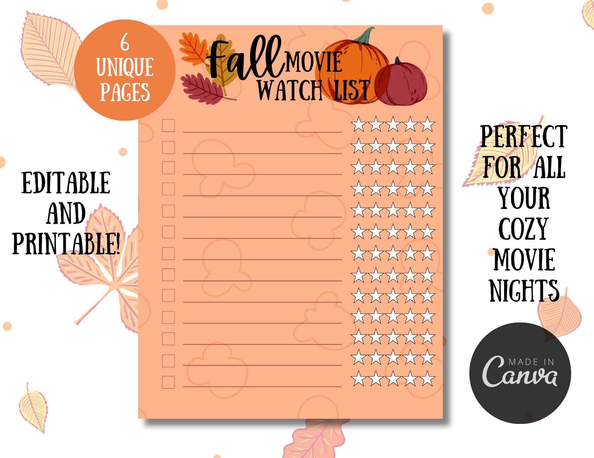 Printable | Editable | Fall Halloween Movie Watch List | Movie Night ...