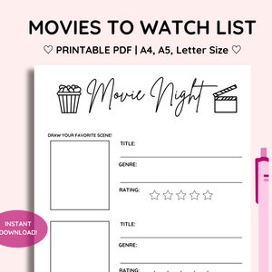 Movie Night Watch List - Printable PDF - Movie Tracker - Movie Watch ...