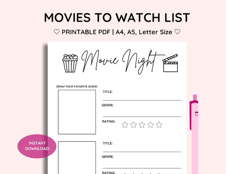 Movie Night Watch List - Printable PDF - Movie Tracker - Movie Watch ...