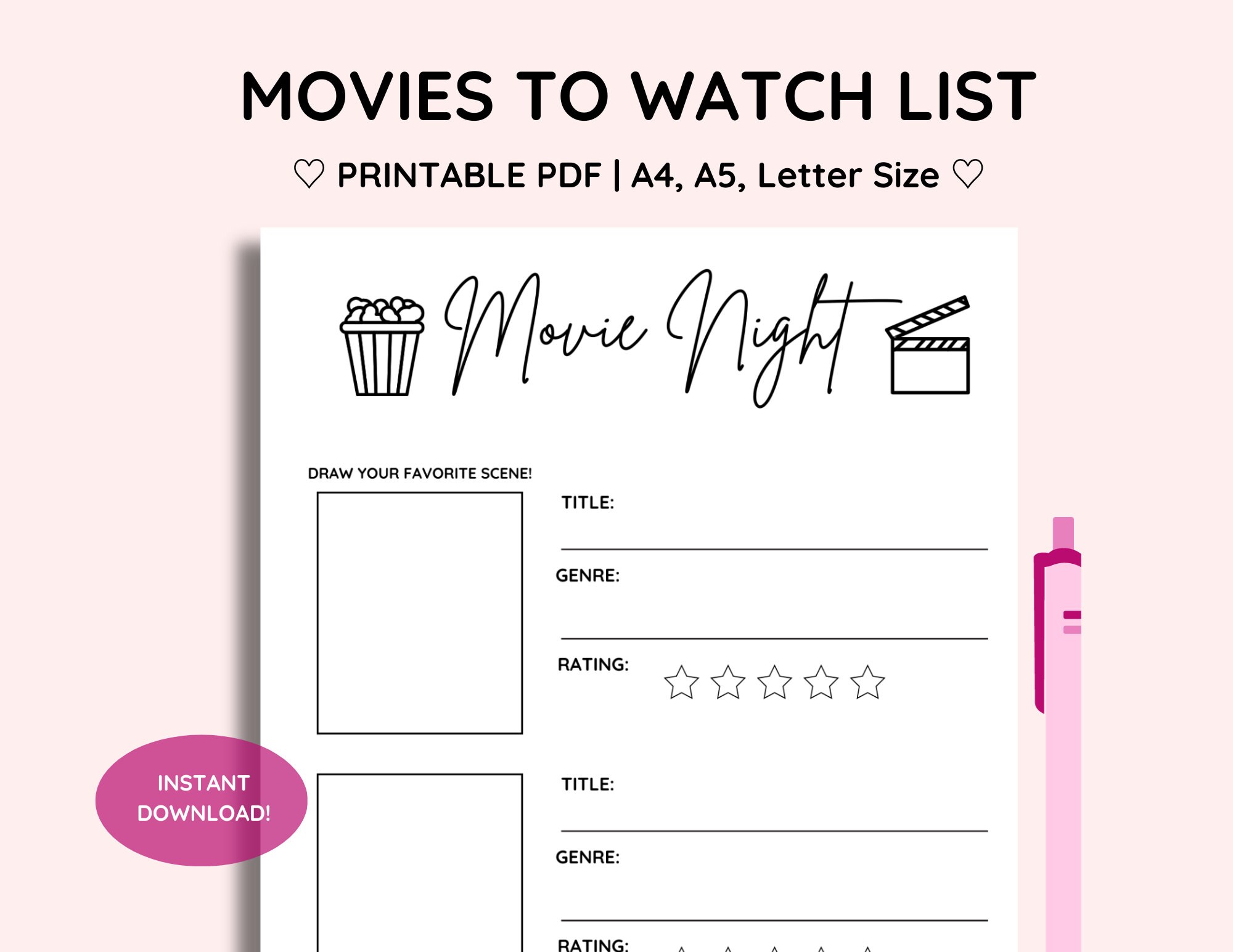Movie Night Watch List - Printable PDF - Movie Tracker - Movie Watch ...