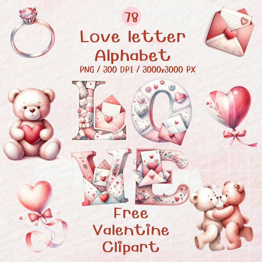 Love Letter Alphabet Clipart, Valentine's Day Alphabet Watercolor ...
