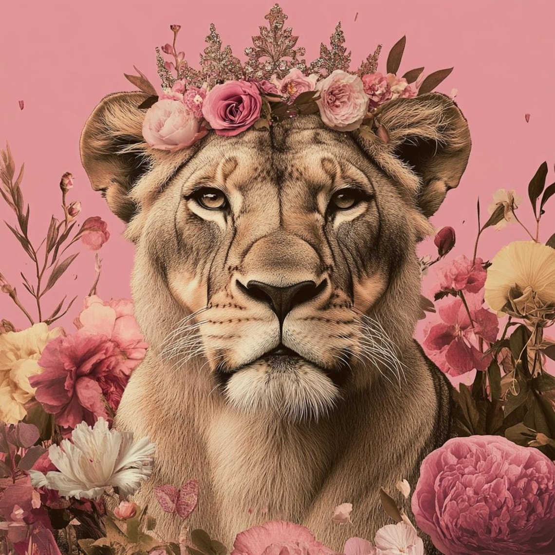 Beautiful Lion Wearing a Royal Crown With Pink Flowers Wall Art ...