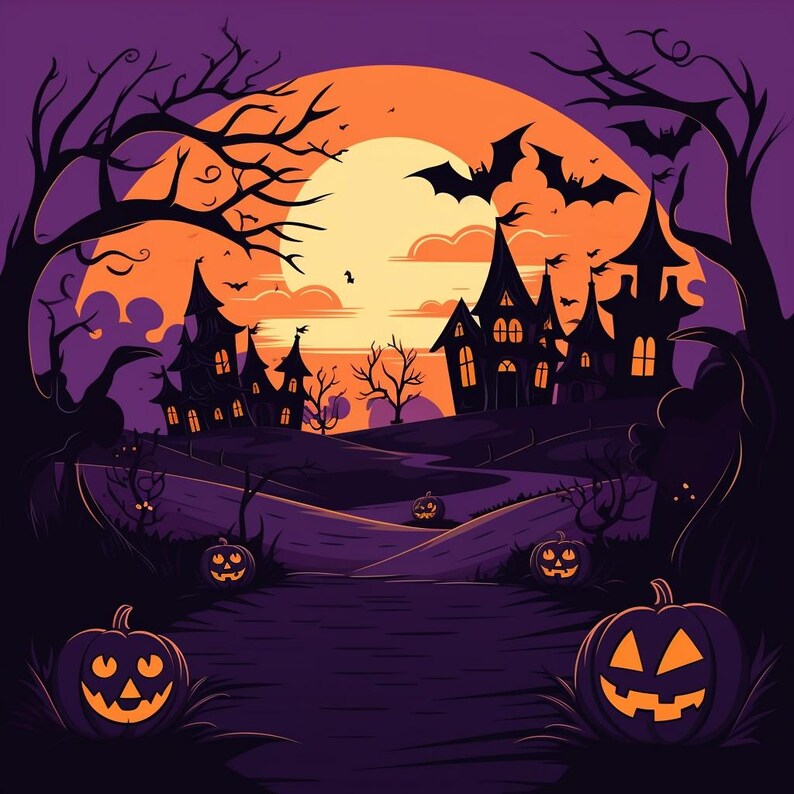 Halloween Sunset Scary Background Premium Poster | Haunted House Spooky ...