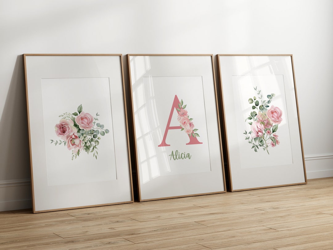 Floral Initial Print, Personalized Name Print, Girls Nursery Wall Art ...