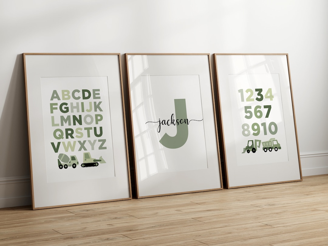 Construction Print Set, Construction Vehicles, Nursery Wall Art, Green ...