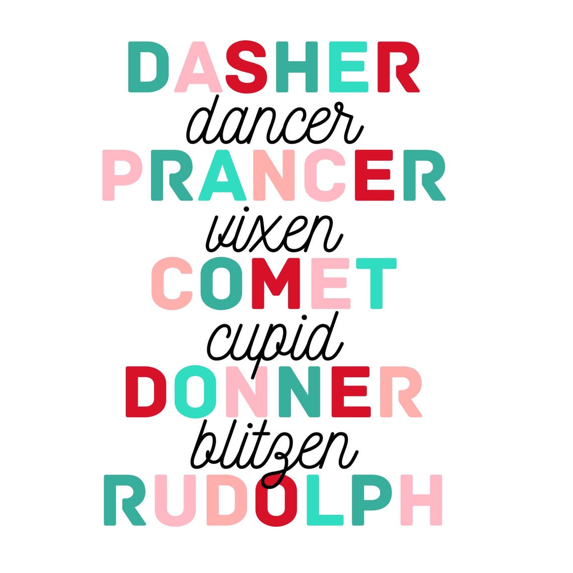 Reindeer Names PNG File, Instant Digital Download, Pink Green Christmas ...
