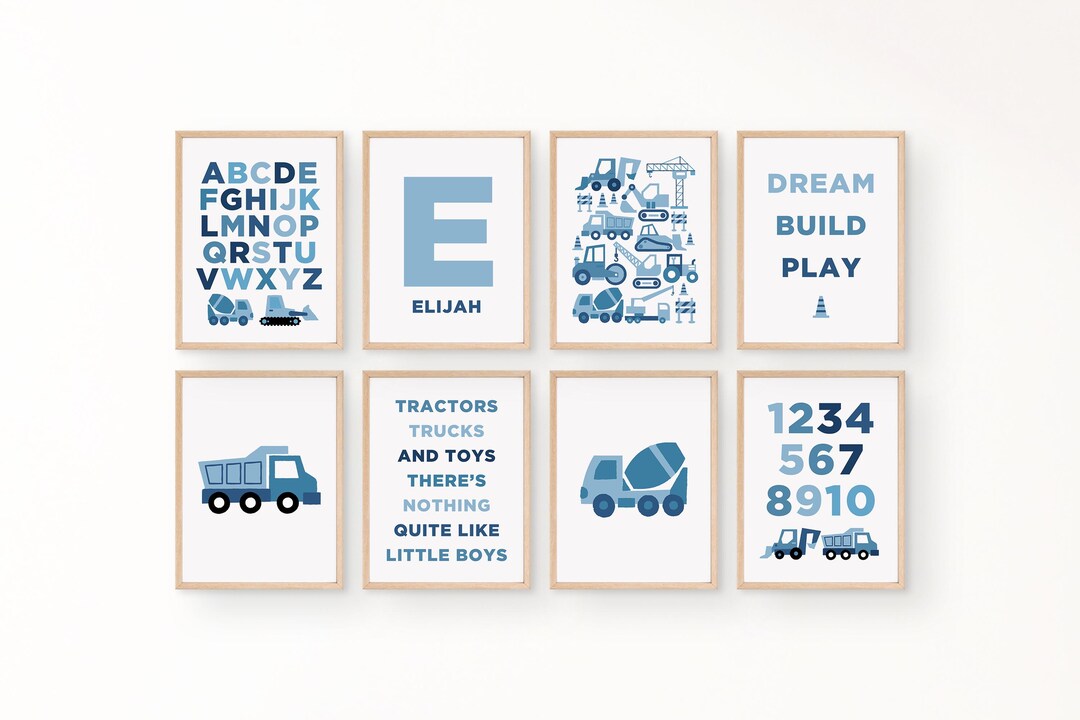Construction Print Set, Construction Vehicles, Nursery Wall Art, Blue ...