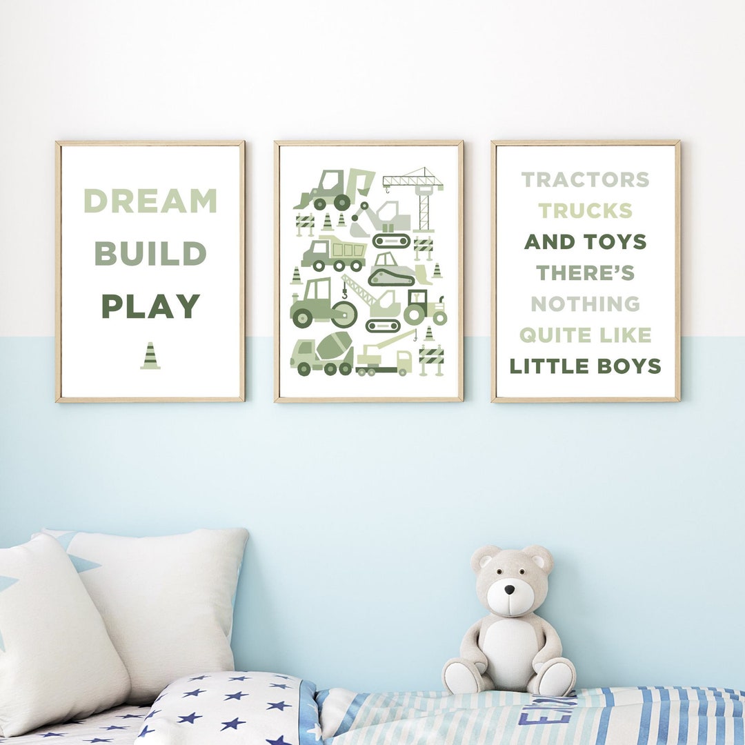 Boy Room Print Set, Construction Vehicles, Nursery Wall Art, Green ...