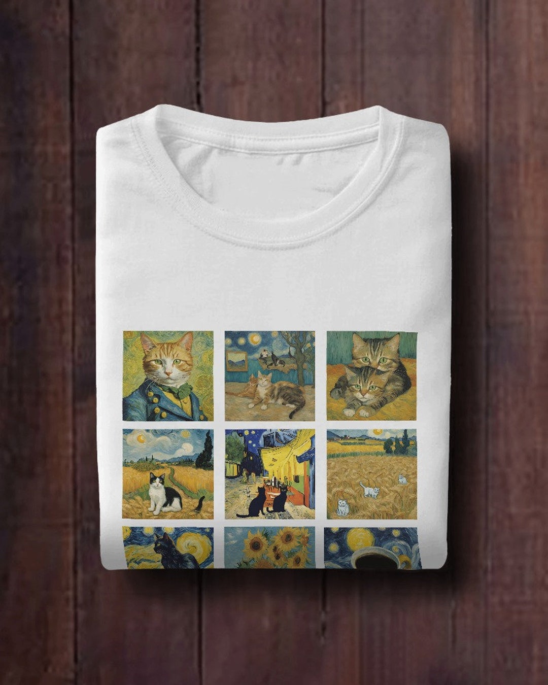 Van Gogh's Kitty Tee Starry Night Sunflowers Inspired Cat Collage Art ...