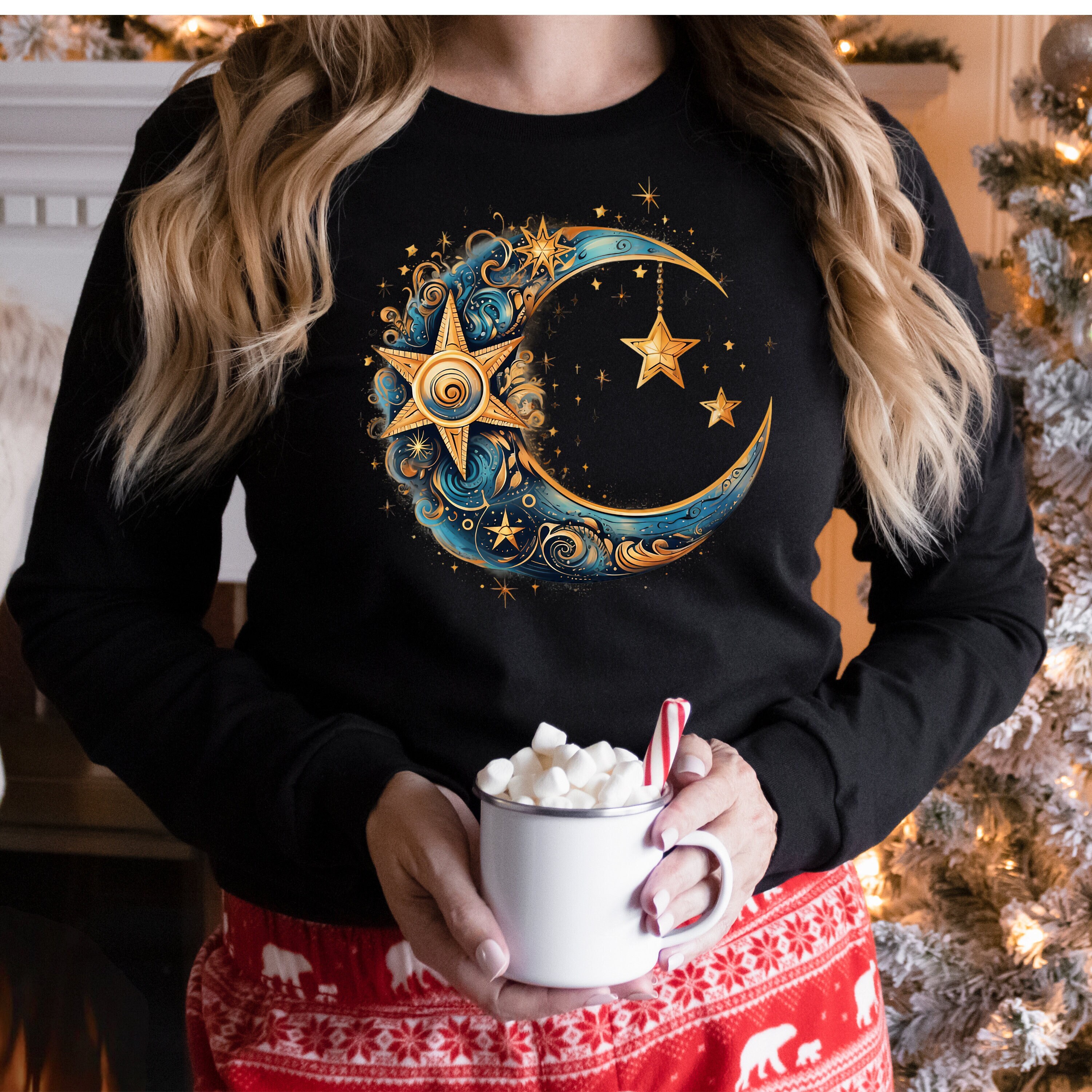 Moon and Stars Long Sleeve Shirt, Celestial Moon Long Sleeve, Star Moon ...