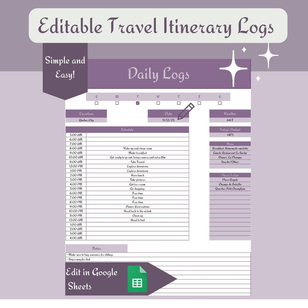 EDITABLE Travel Itinerary Google Sheets Simple Mobile - Etsy