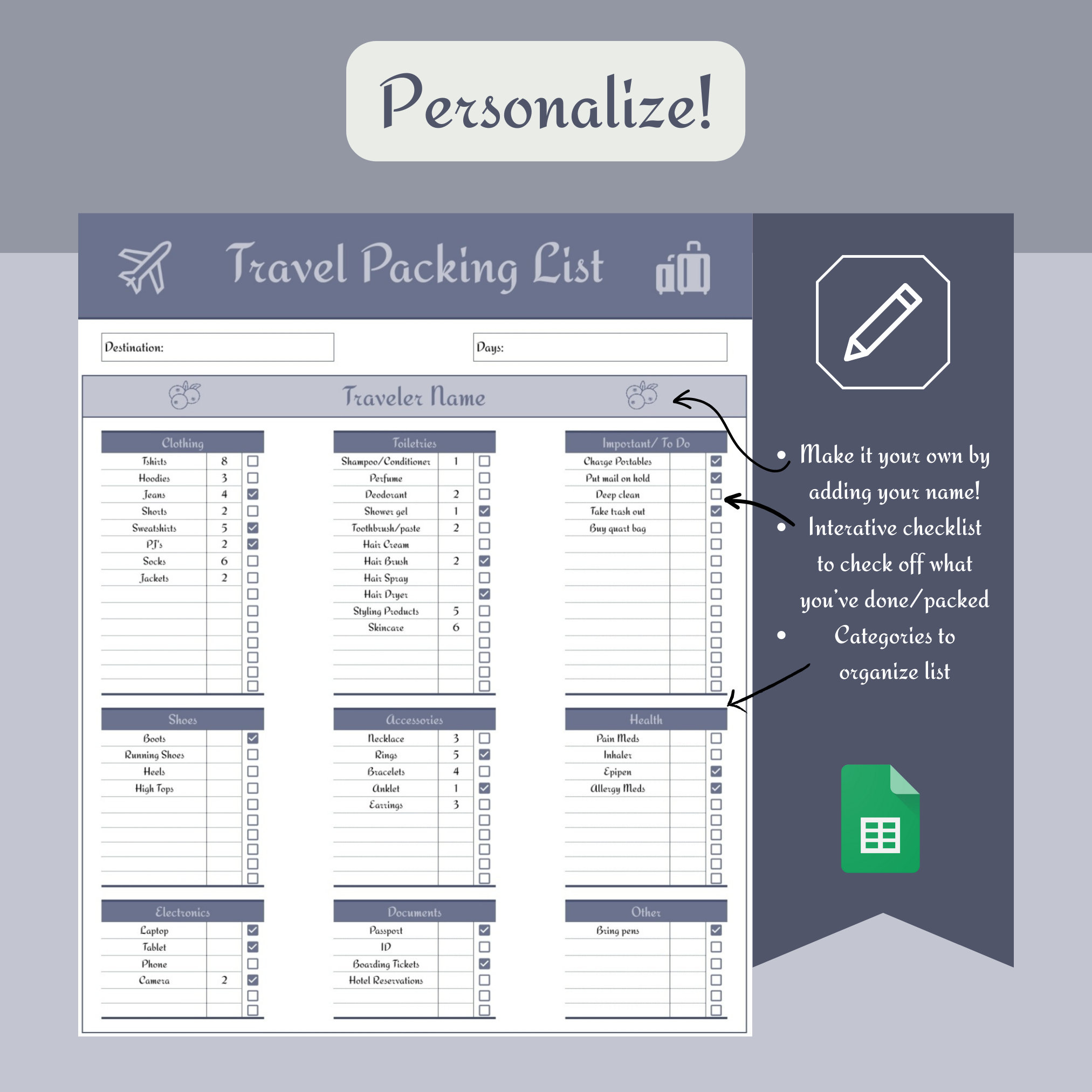 EDITABLE Google Sheets Travel Packing Checklist for Holiday - Etsy