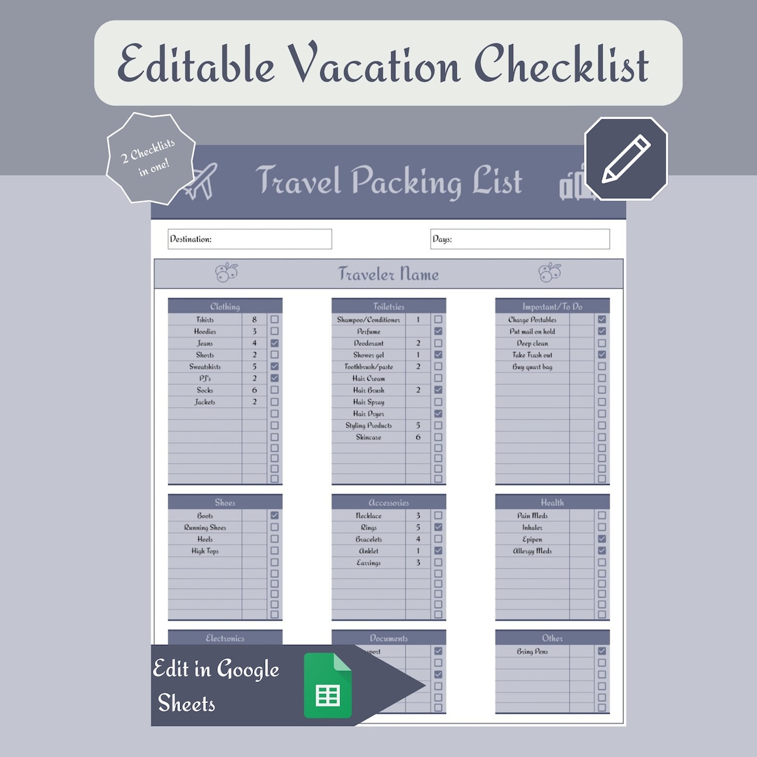 EDITABLE Google Sheets Travel Packing Checklist for Holiday - Etsy