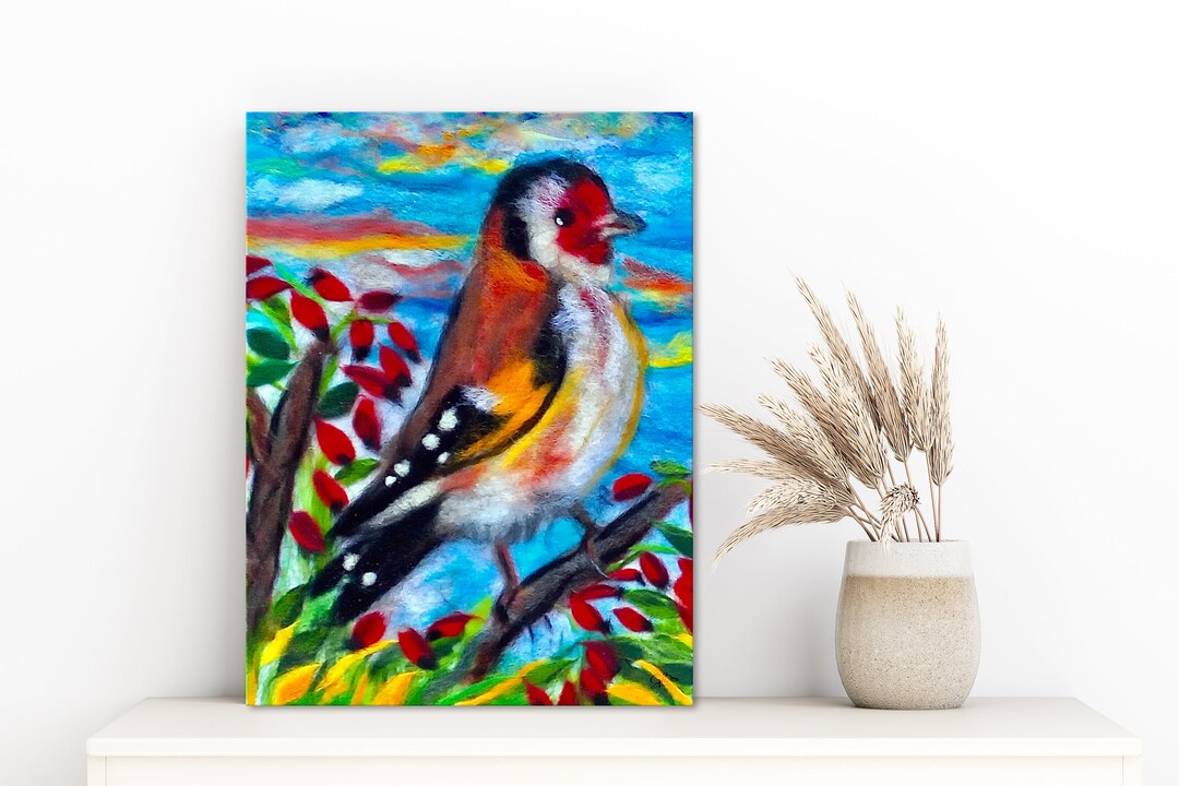 Goldfinch and Wild Rose Painting, Colorful Bird Canvas Print, Garden ...