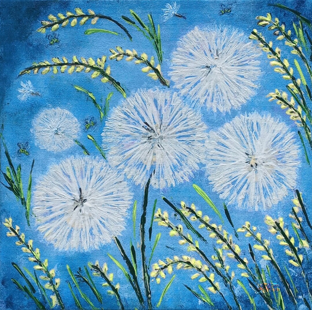 Abstract Painting of Dandelions Flowers Dandelion Bellows on Blue ...