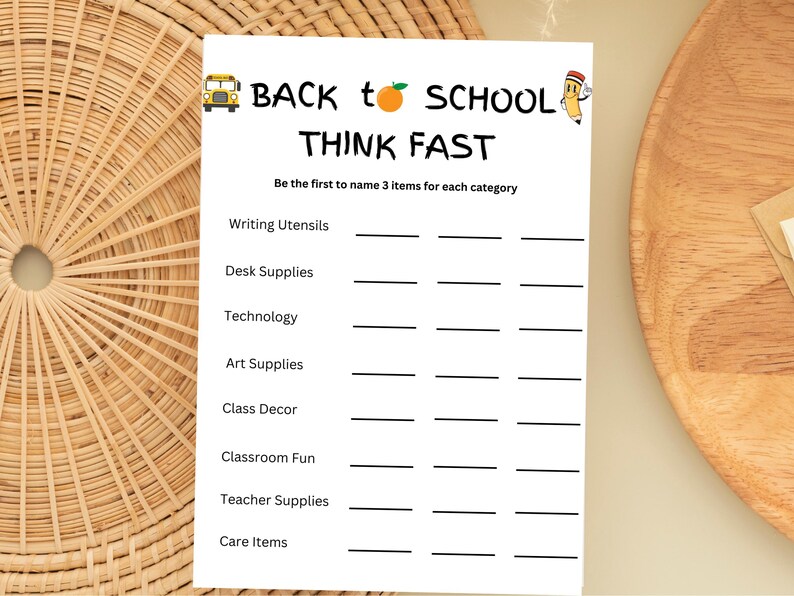 Back to School Think Fast Game: Printable Classroom Icebreaker (PDF) - Etsy