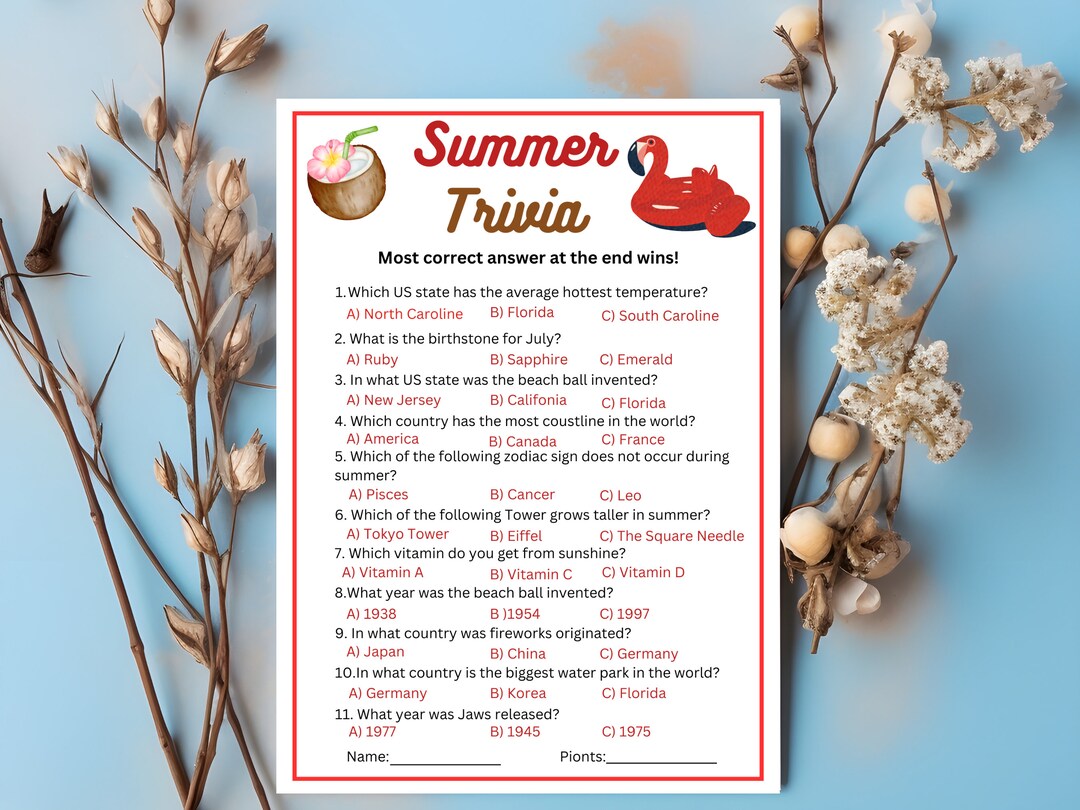 Summer Trivia Game, Summer Trivia Quiz, Printable Summer Game, Summer ...