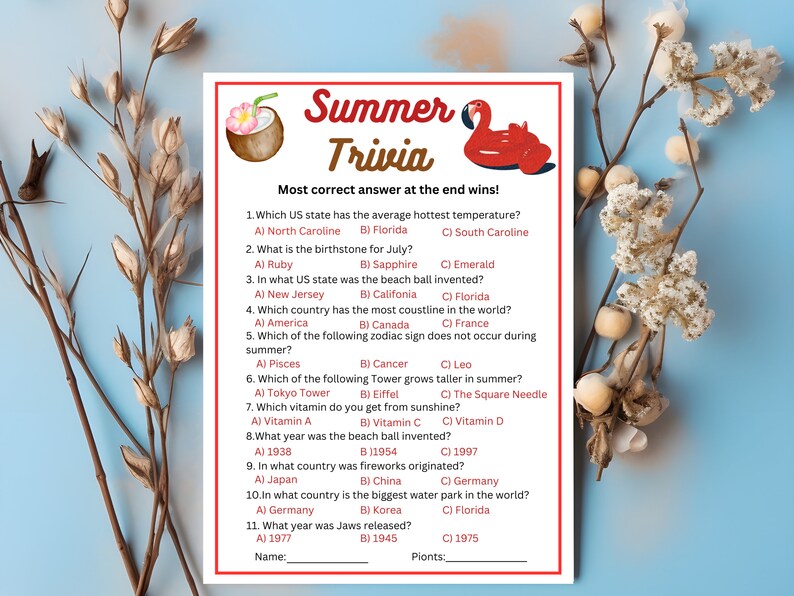 Summer Trivia Game, Summer Trivia Quiz, Printable Summer Game, Summer ...