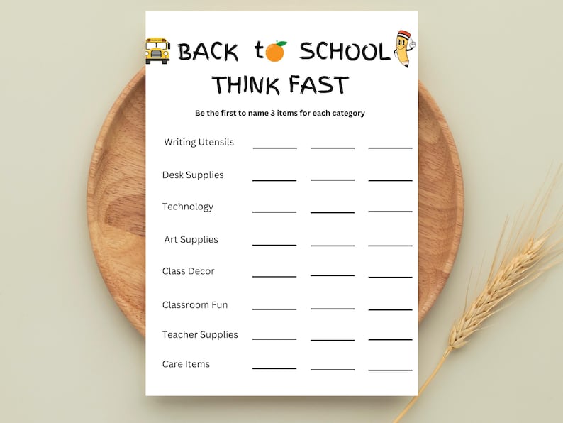 Back to School Think Fast Game: Printable Classroom Icebreaker (PDF ...