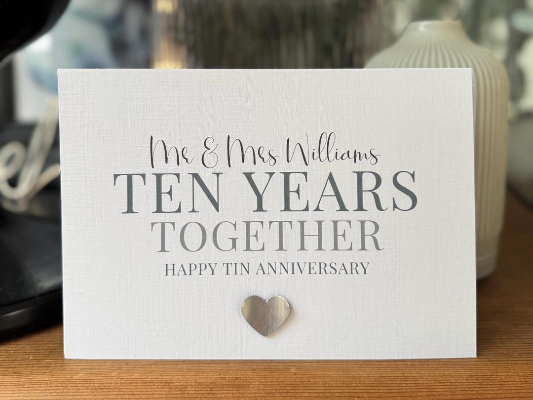 Personalised Ten Year Anniversary Card With Real Tin Heart. 10th ...