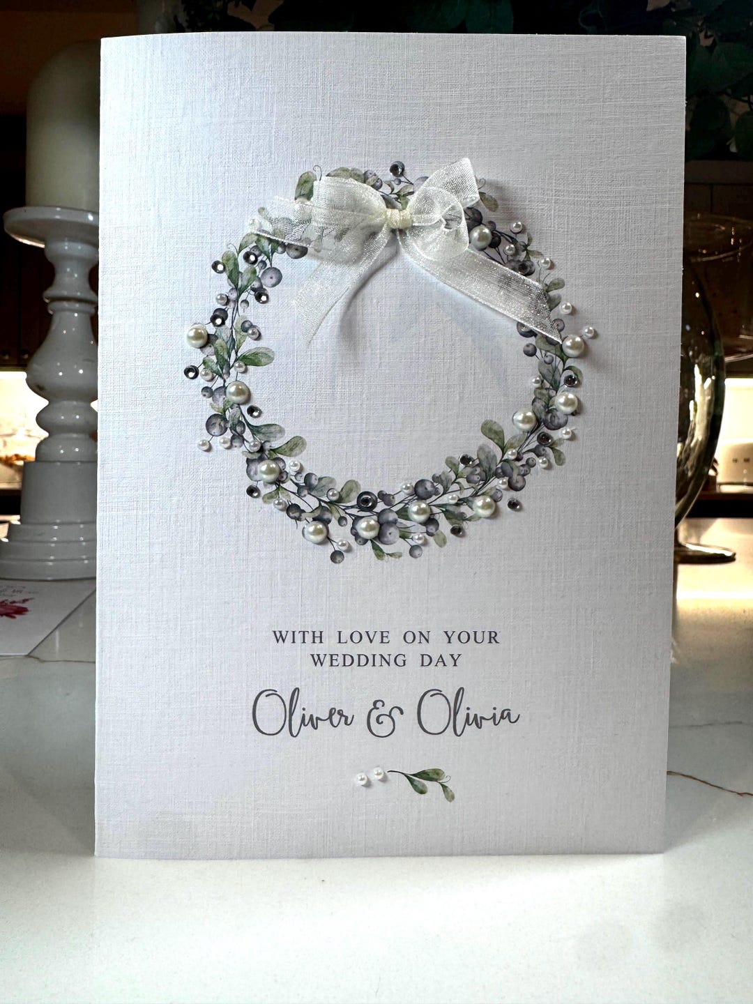 Handmade Personalised Wedding Card With Pearls & Silver Gems Finished ...