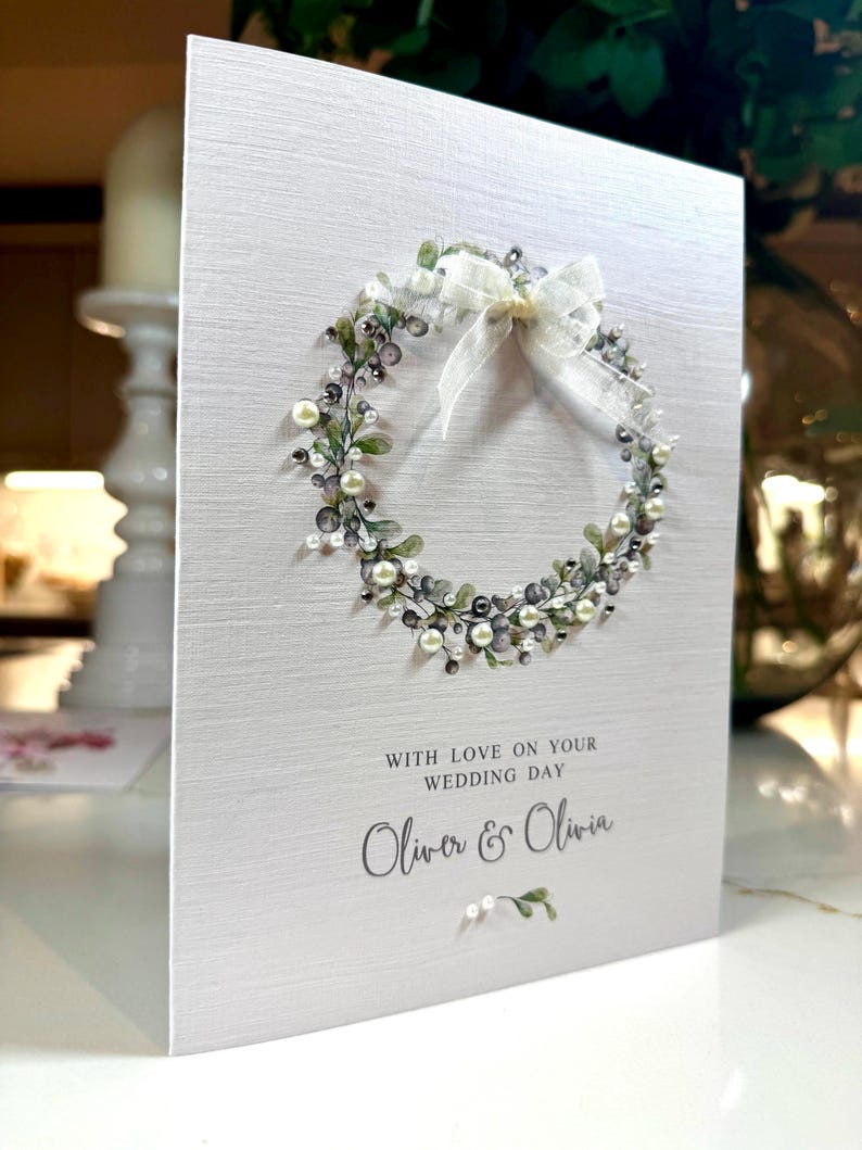 Handmade Personalised Wedding Card With Pearls & Silver Gems Finished ...