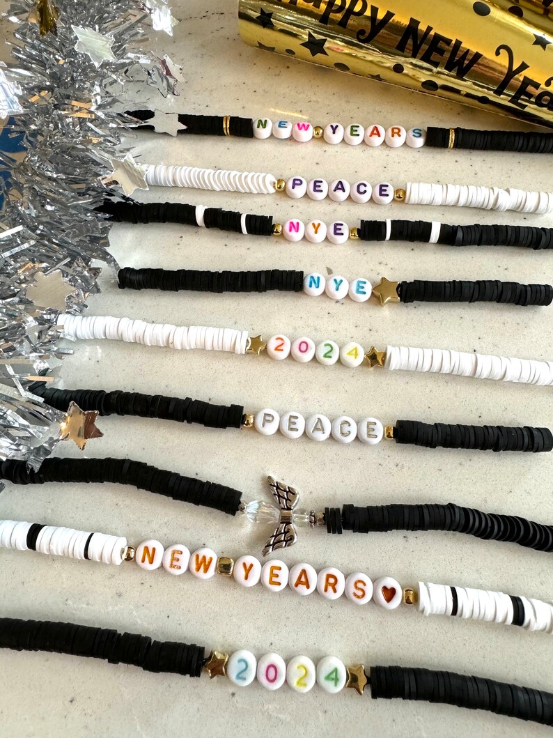 New Years Heishi Bracelet, Custom Word Bracelet, Heishi Disc Beaded ...