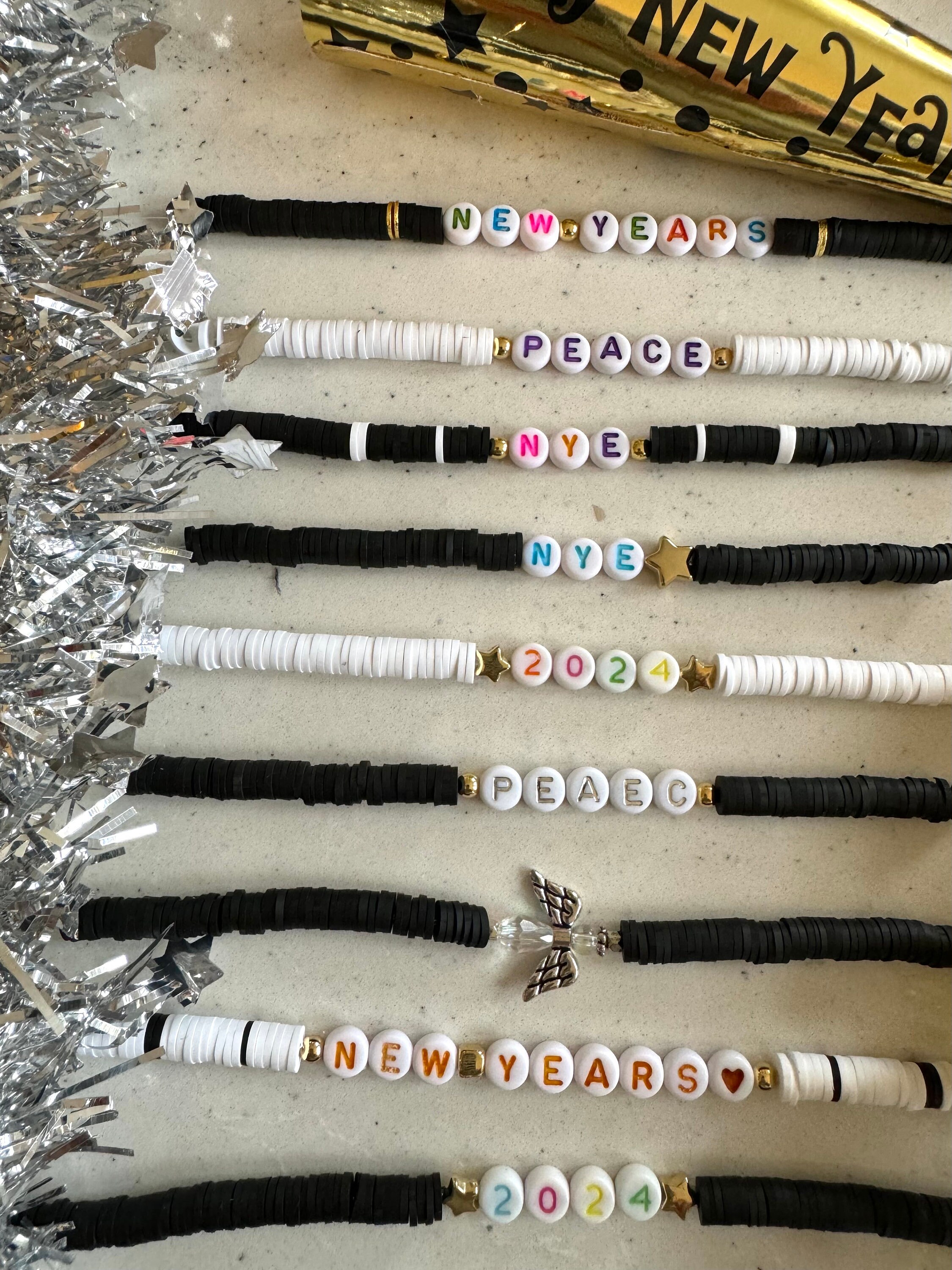 New Years Heishi Bracelet, Custom Word Bracelet, Heishi Disc Beaded ...