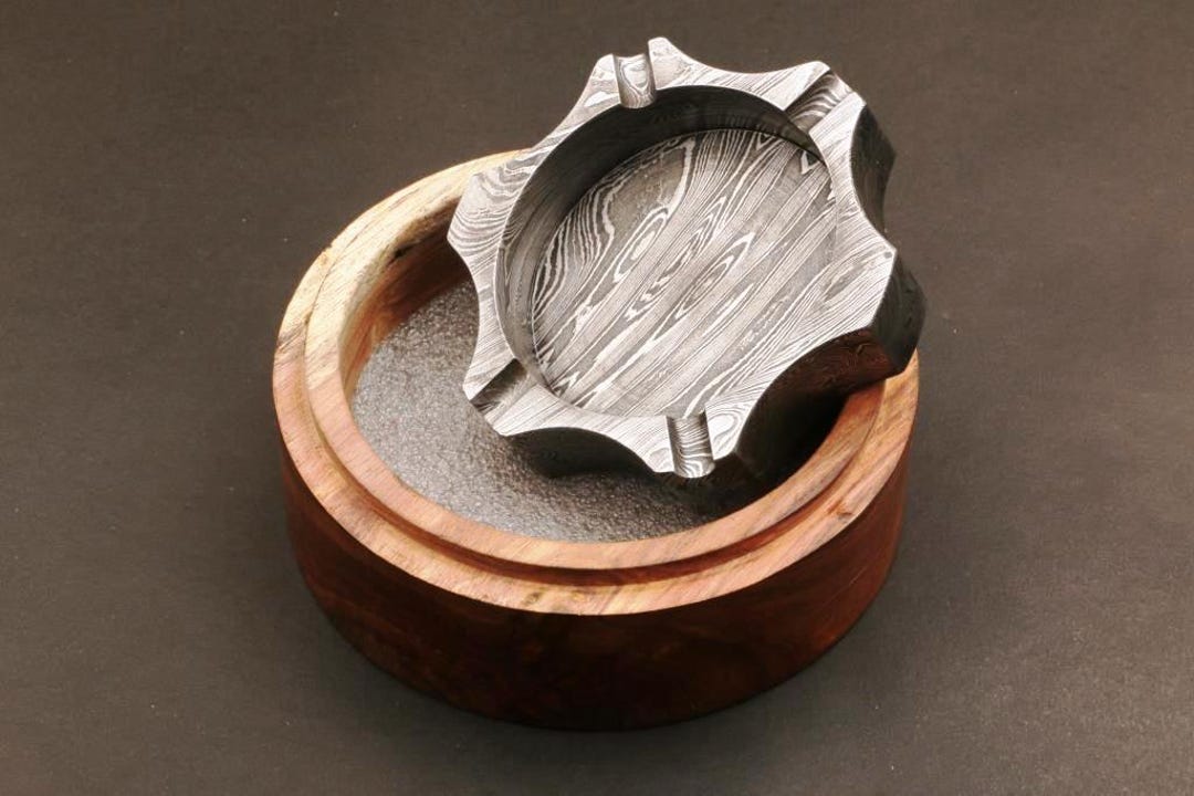 Unique Handmade Damascus Steel Ashtray in Edge Design With Rose Wood ...