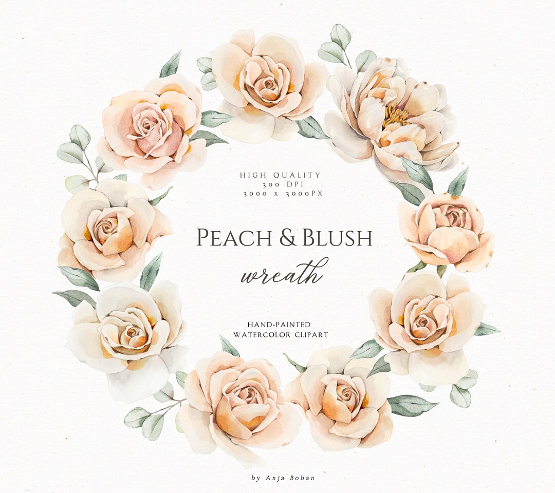 Watercolor Flower Wreath Clipart: Peach Rose & Blush Peonies (PNG) - Etsy