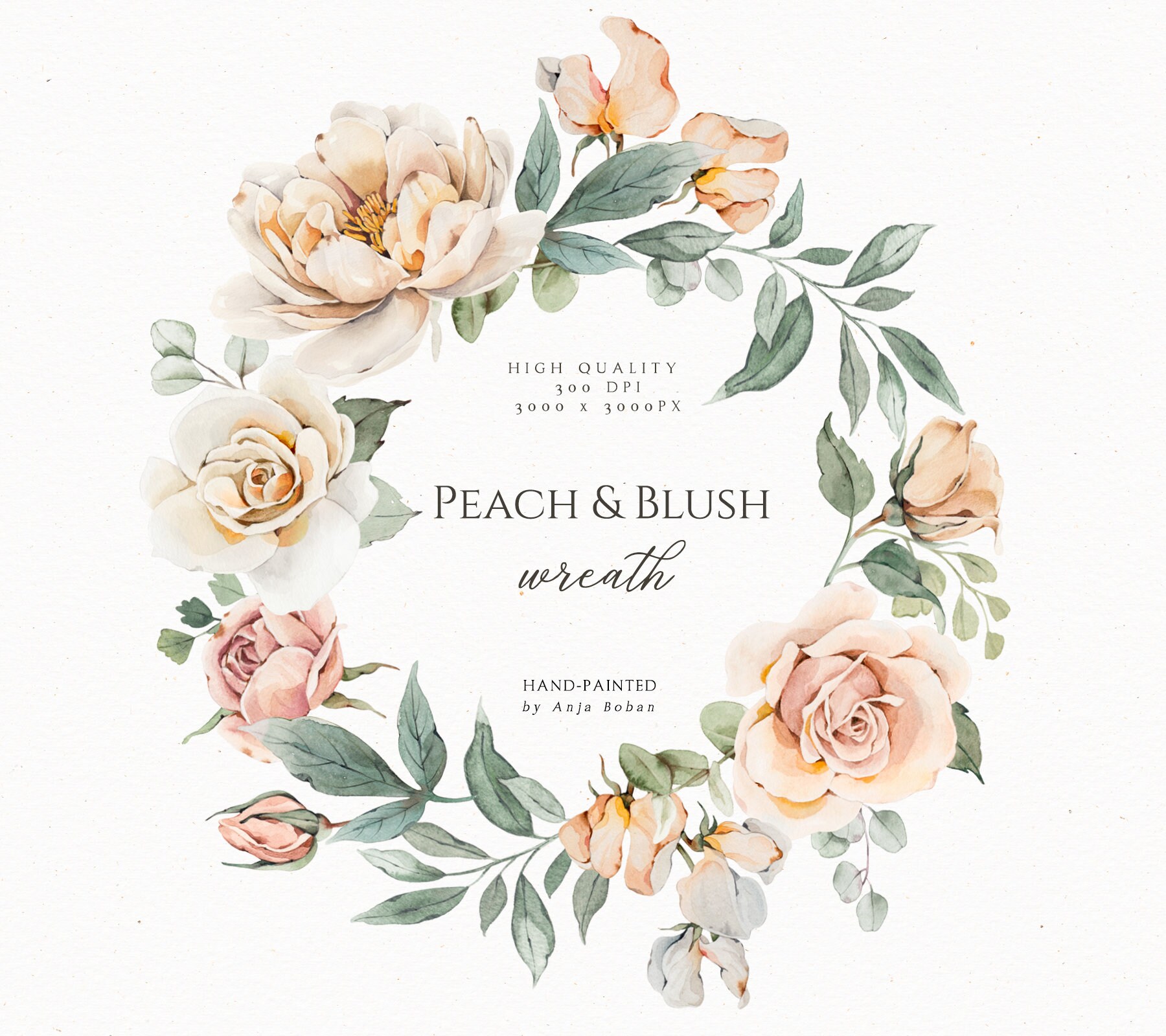 Floral Wreath Clipart Peach Watercolor Flower Rose Blush Peonies ...
