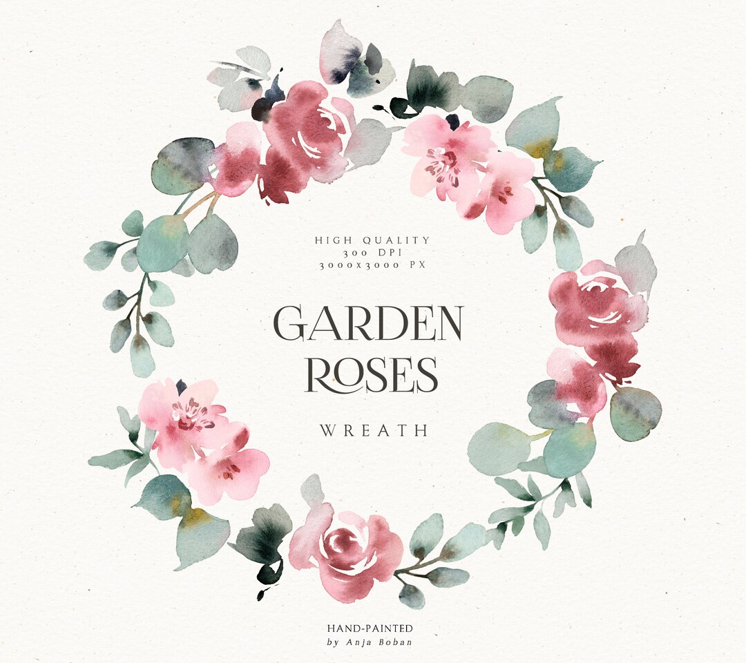 Red Flowers Wreath Clipart, Watercolor Roses, Dusty Red and Blush ...