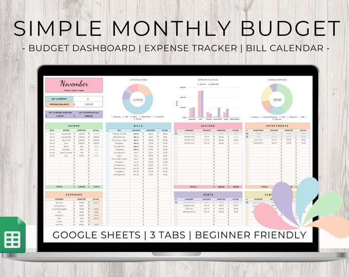 Monthly Budget Spreadsheet Google Sheets Budget Template Monthly Budget Planner Expense Tracker ...