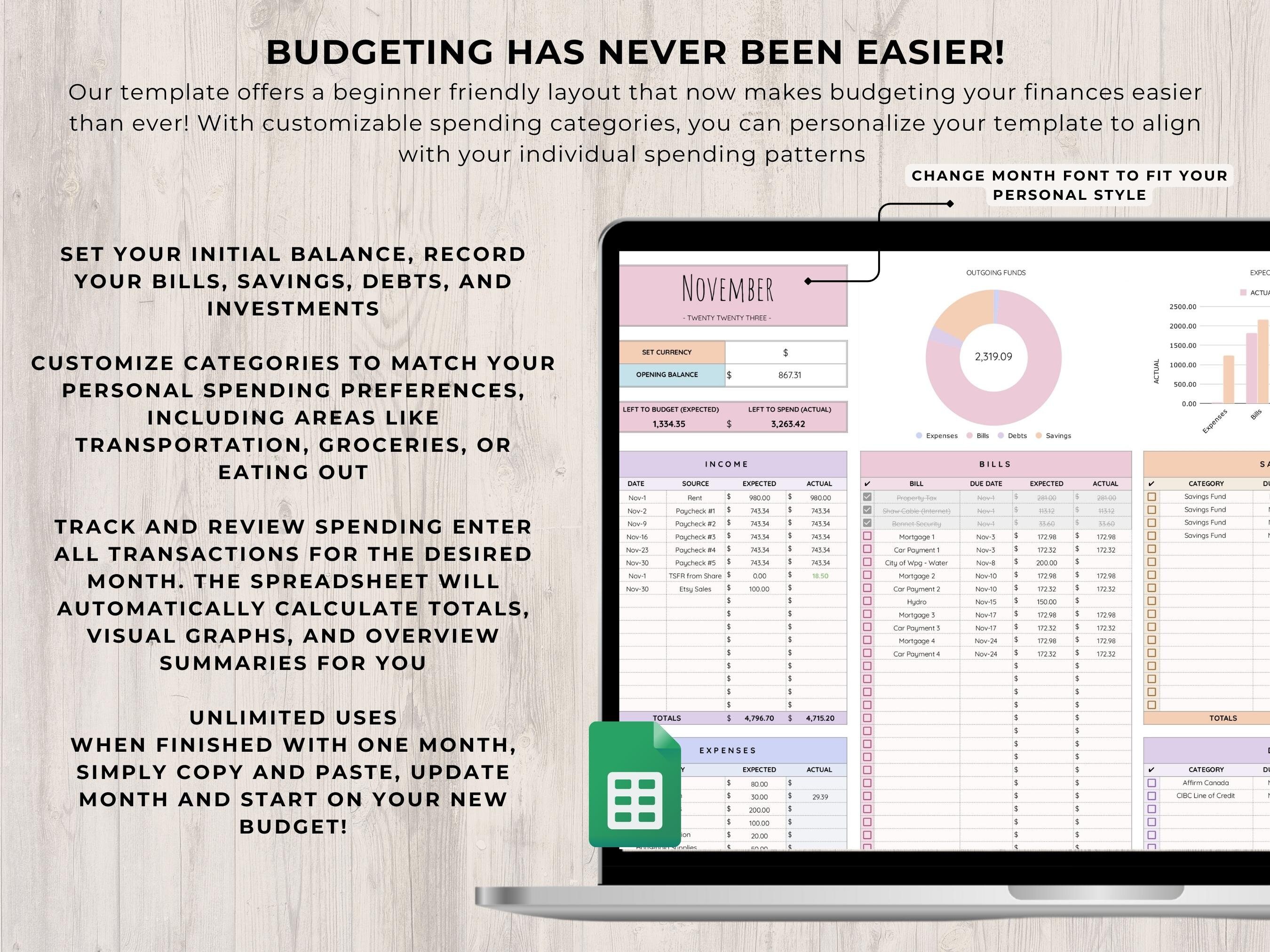 Simple Monthly Budget Spreadsheet Google Sheets Budget - Etsy