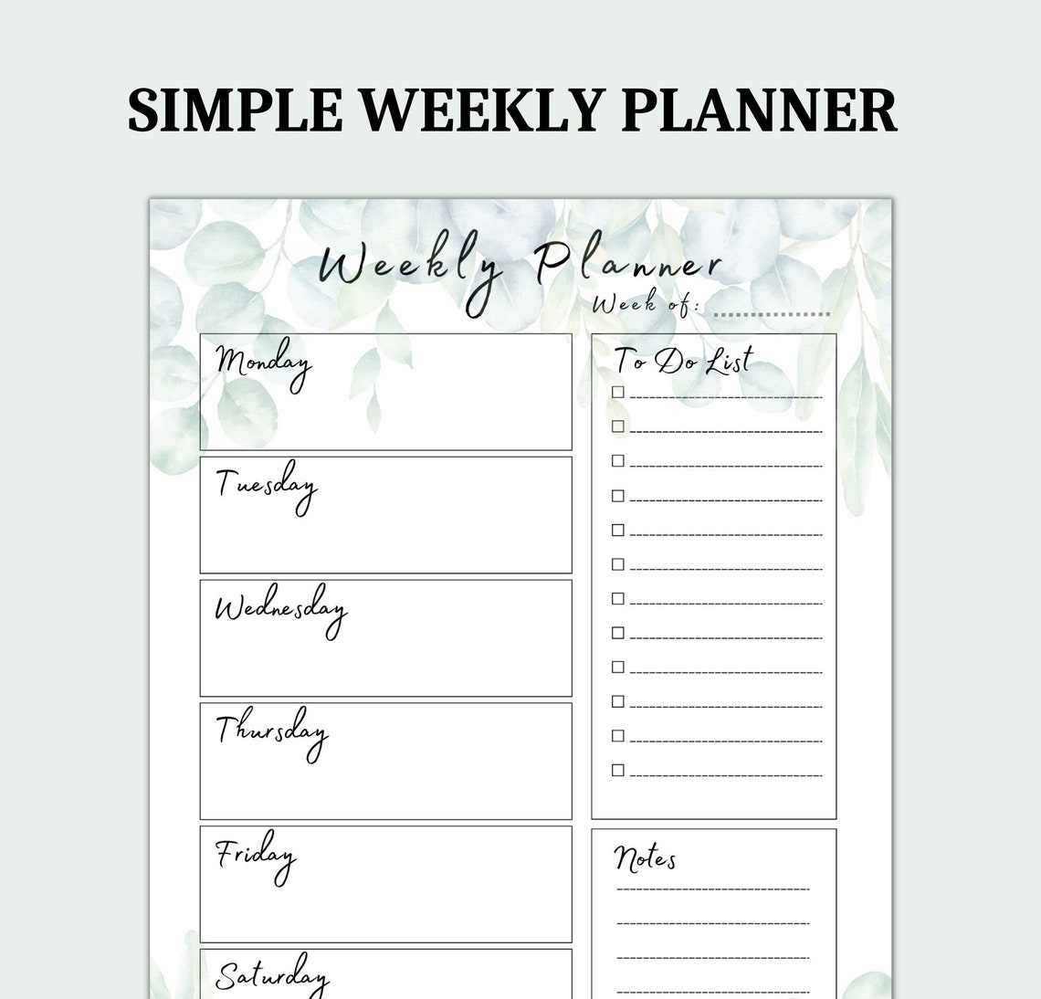 Weekly Planner Printable, Weekly Wall Planner, Weekly Meal Planner ...