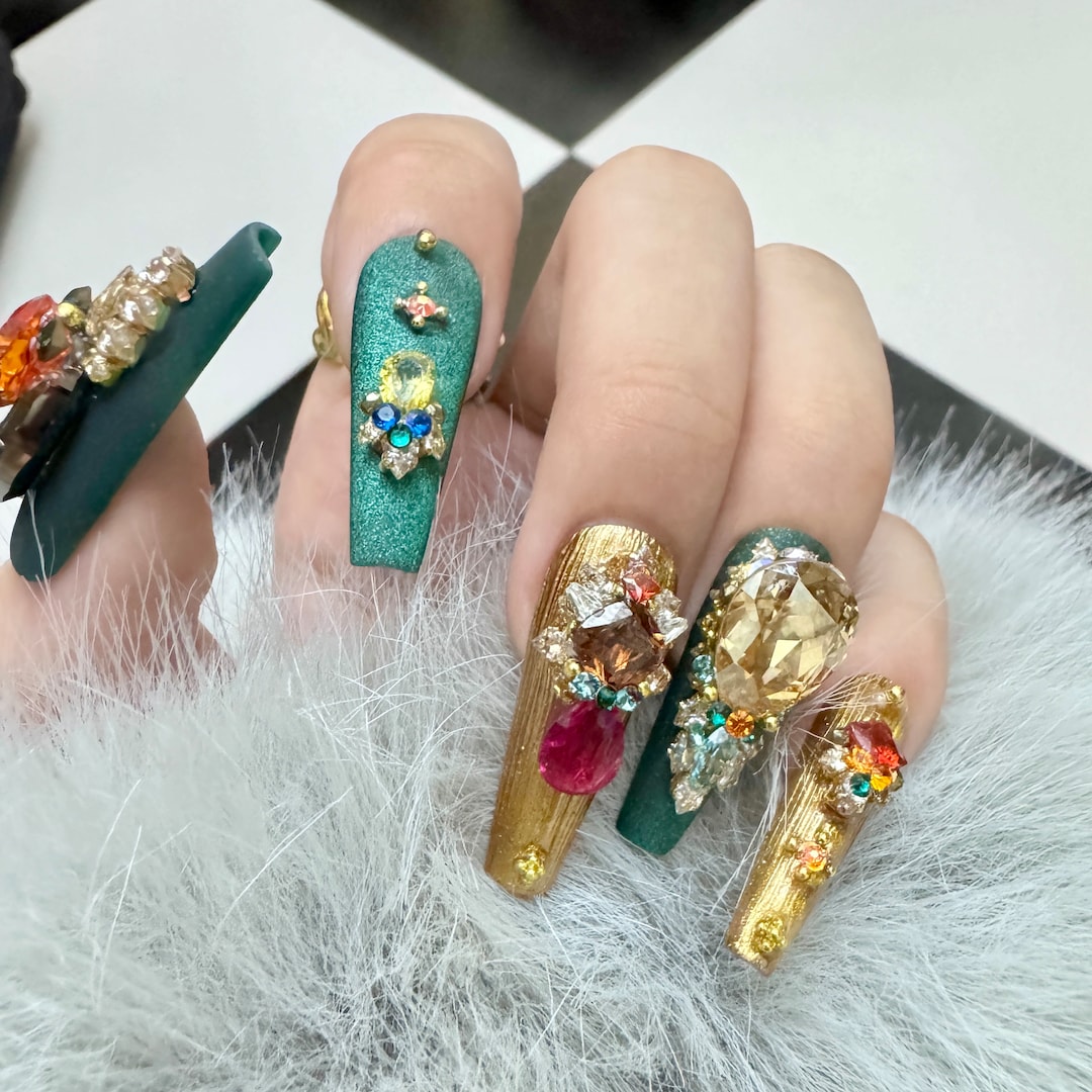 Cardi B Long Coffin Press on Nails, High-end Swarovski Crystal Long ...