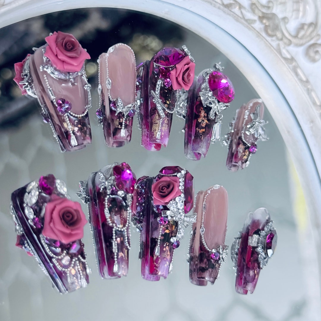 Cardi B Purple Press on Nails, High-end Swarovski Crystal Long Nails ...