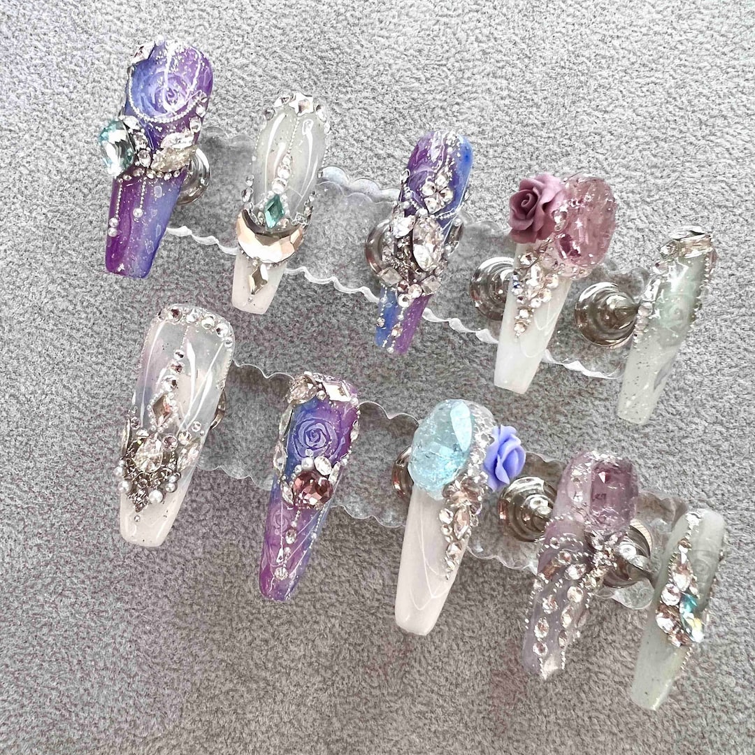 Luxury Press-on Nails, High-end Swarovski Crystal Long Nails, Roseup ...