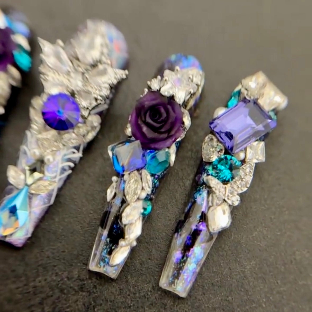 Blue Long Press on Nails, Shiny Swarovski Crystal Long Nails, Roseup ...