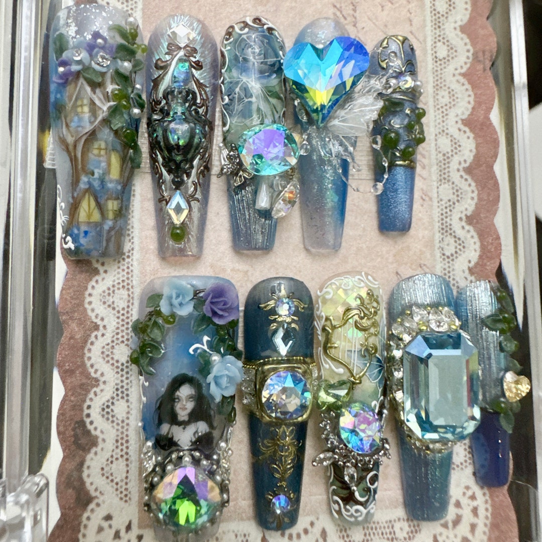 Luxury Press-on Nails, High-end Swarovski Crystal Long Nails, Roseup ...