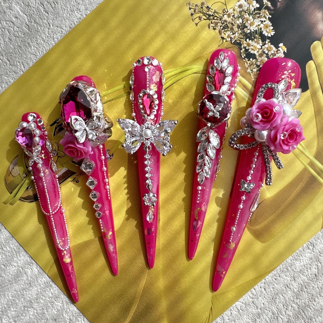 7cm XXXL Stiletto Press on Nails, Hot Pink Press on Nails. High-end ...